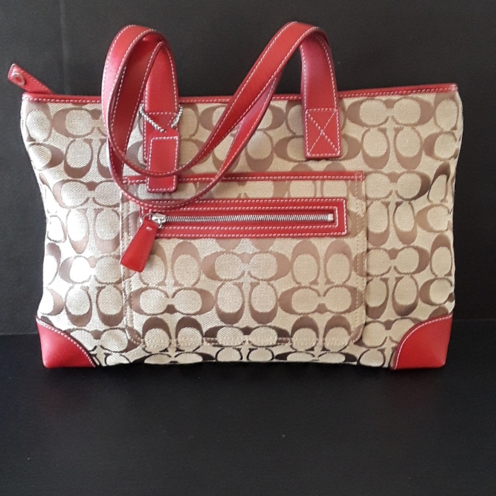 Coach Brown & Red Monogram Fabric Shoulder Bag - Gem